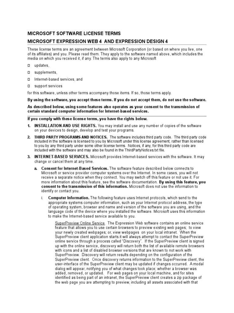 Microsoft Software License Terms Microsoft Expression Web 4 and ...