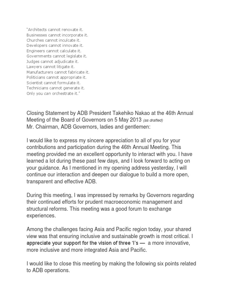 Sample Closing Remarks | PDF | Asian Development Bank | Economic Inequality