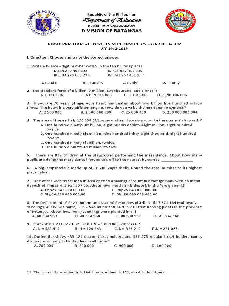 Grade 4 math test review | PDF | Multiplication | Nature