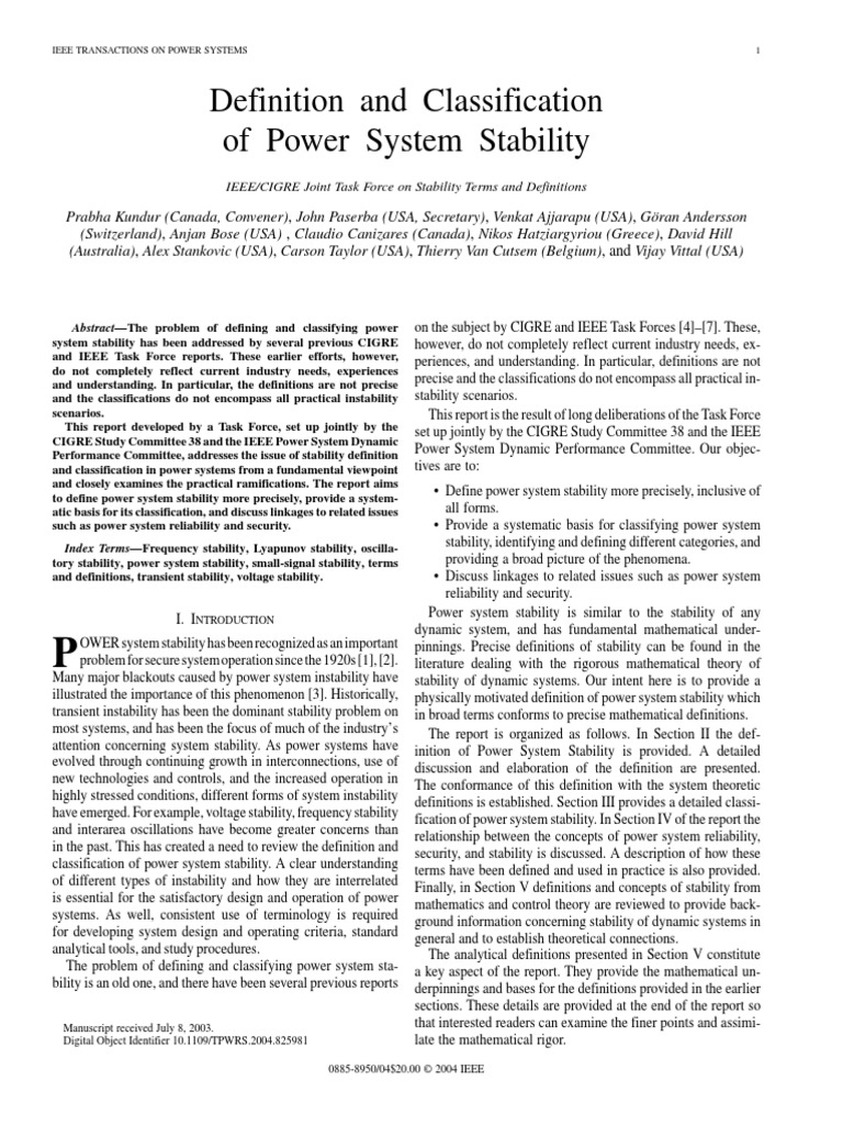 Definition and Classification of Power System Stability: IEEE/CIGRE ...