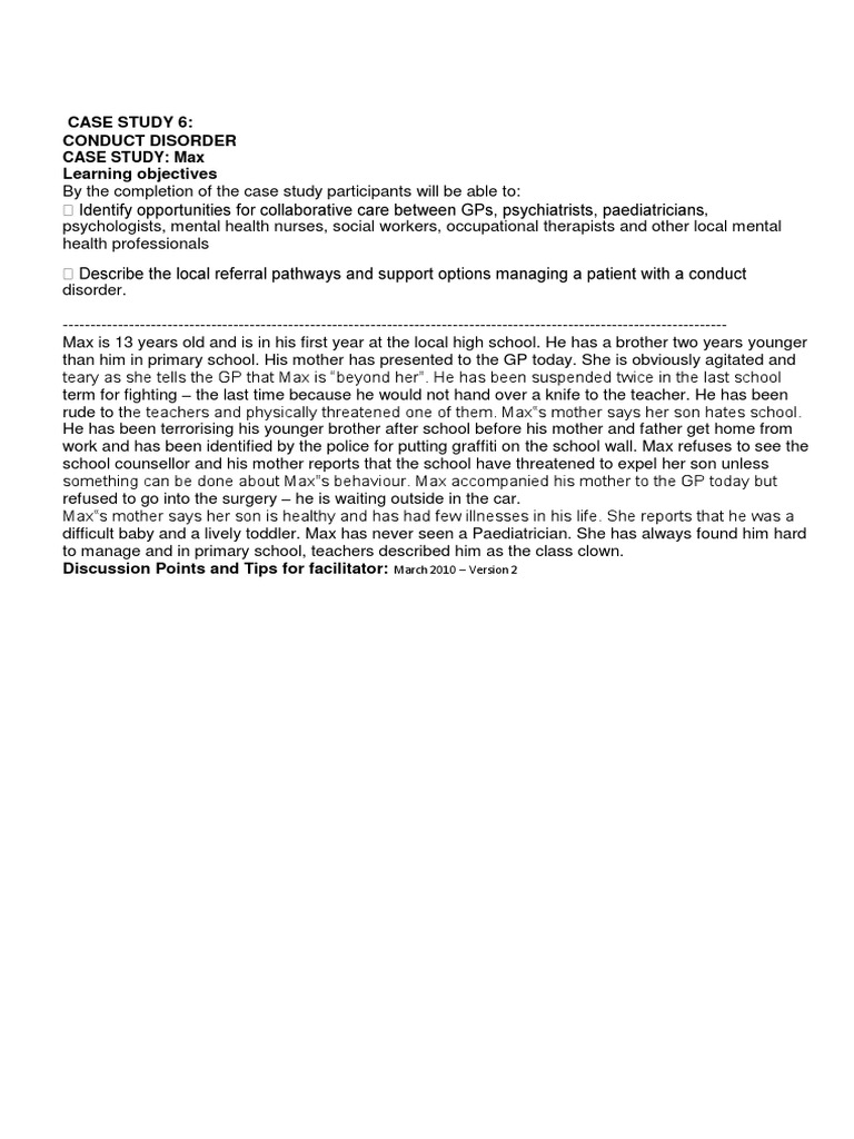 Max's Conduct Disorder Case Study | PDF | Mental Health | Nursing