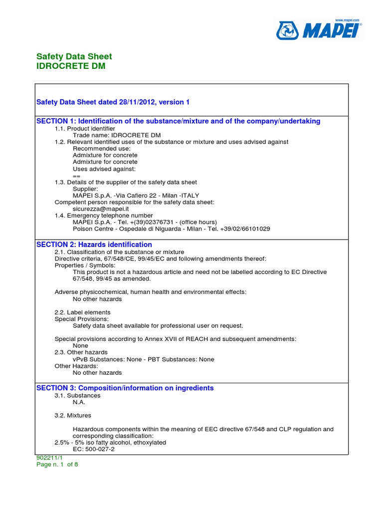 Idrocrete MSDS | PDF | Dangerous Goods | Toxicity