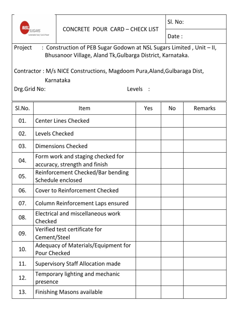 Concrete Pour Card & Reforcement Steel Check List | PDF | Column | Concrete