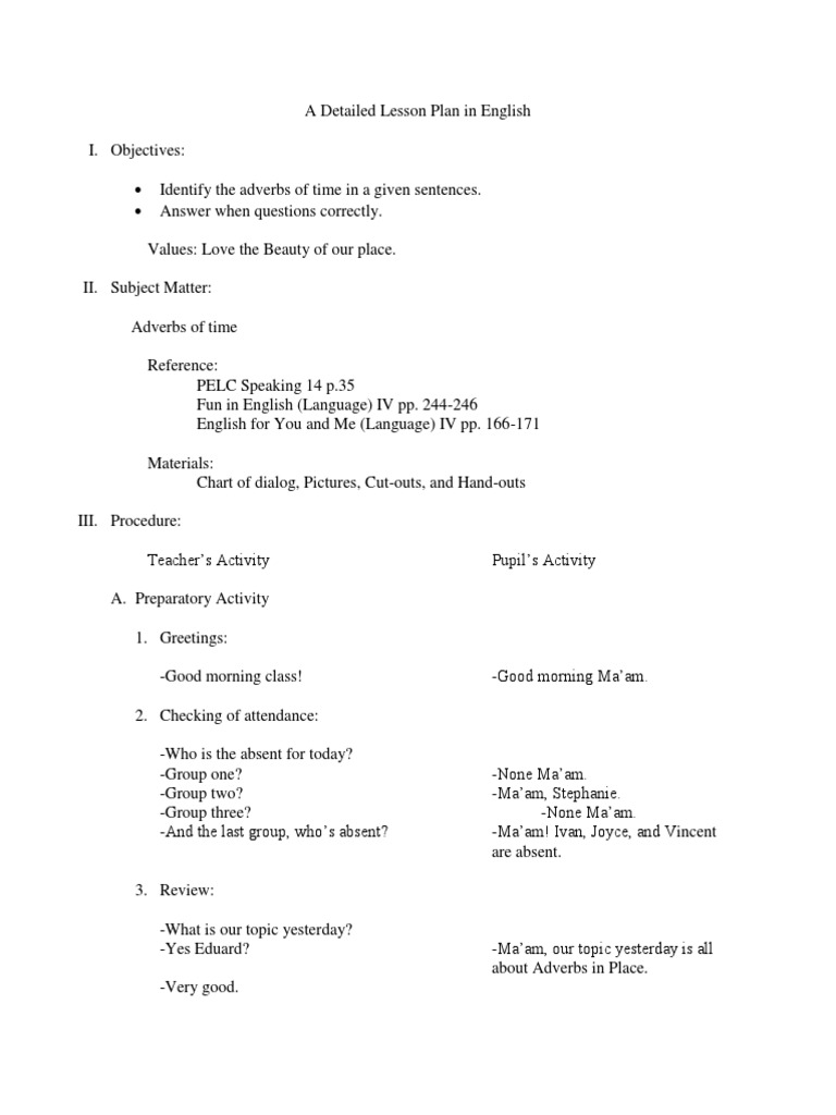 A Detailed Lesson Plan in English | PDF | English Language | Lesson Plan