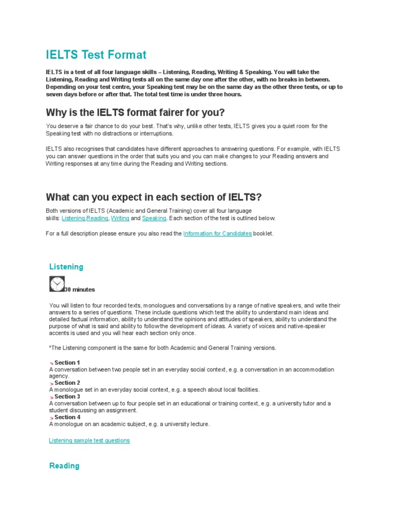 IELTS Test Format | PDF | International English Language Testing System ...
