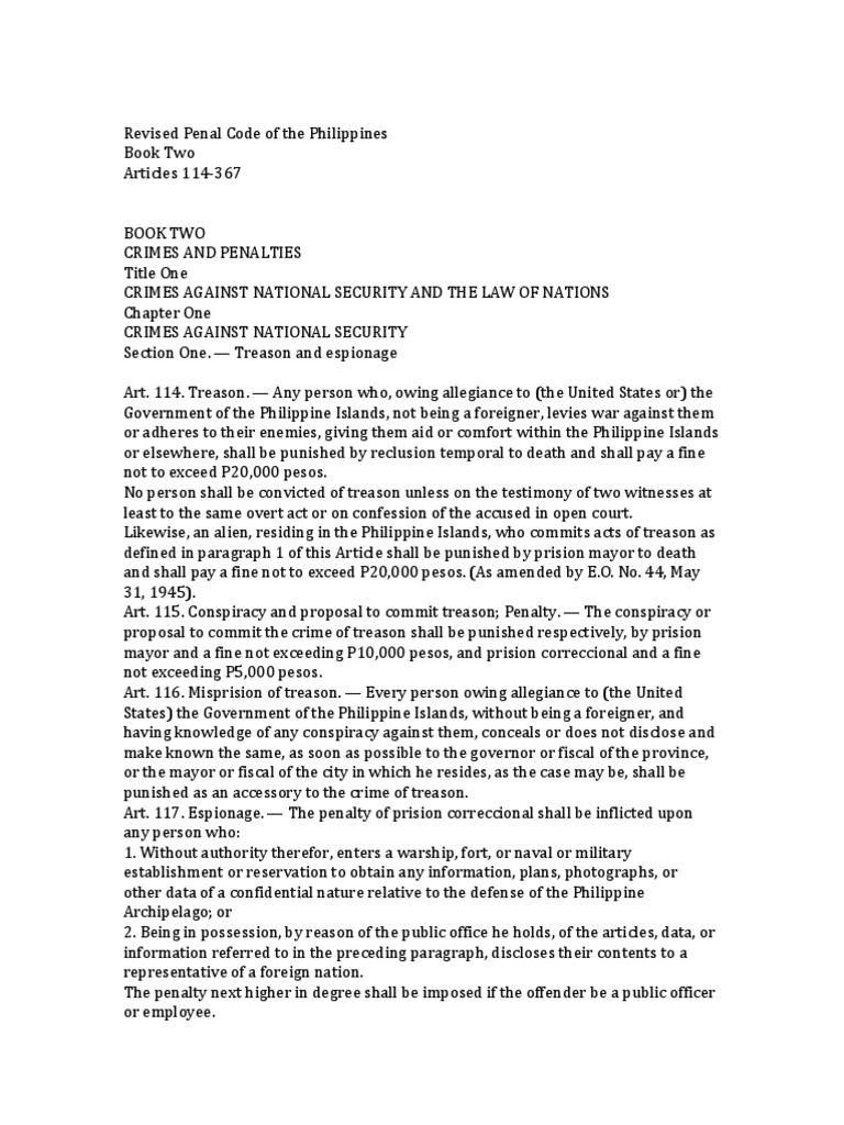 Revised Penal Code of The Philippines Book 2 | PDF | Treason | Perjury