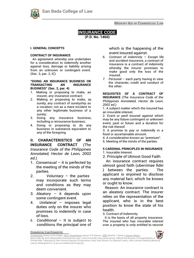 Summary of Key Concepts and Principles of Insurance Law | PDF ...