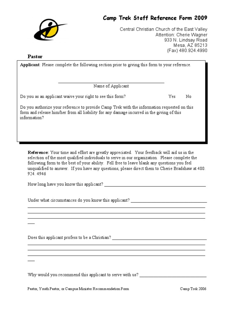 Camp Trek Staff Reference Form 2009 | PDF | Psychology