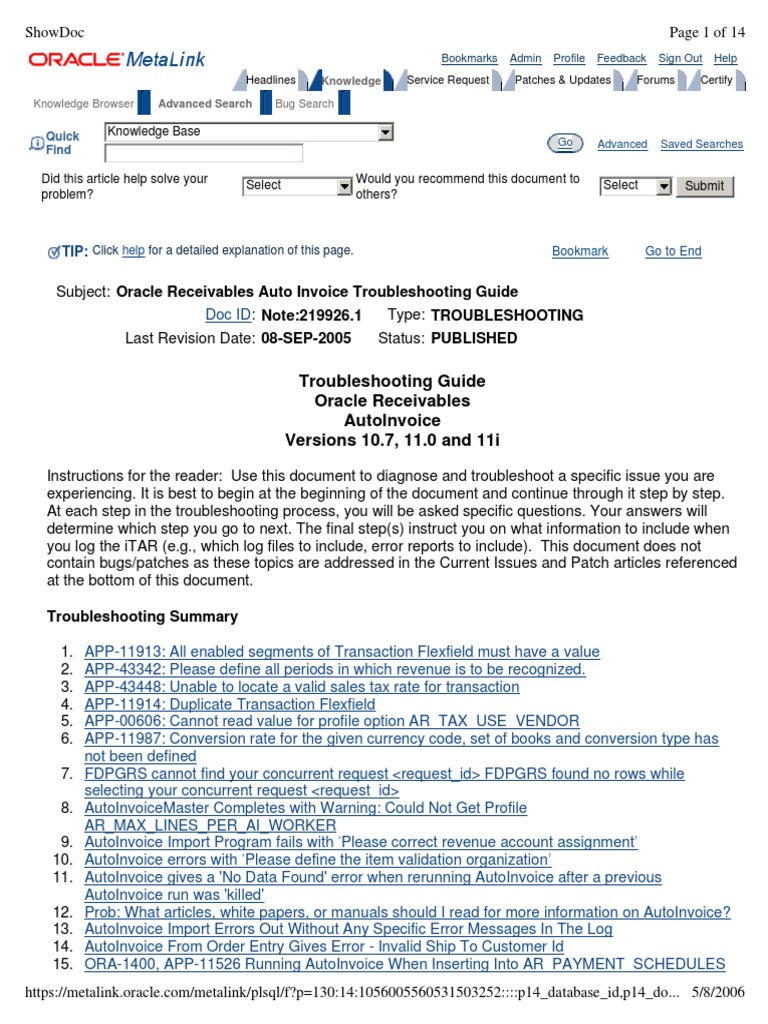 Autoinvoice Trouble Shooting Guide | PDF | Database Transaction | Software Bug