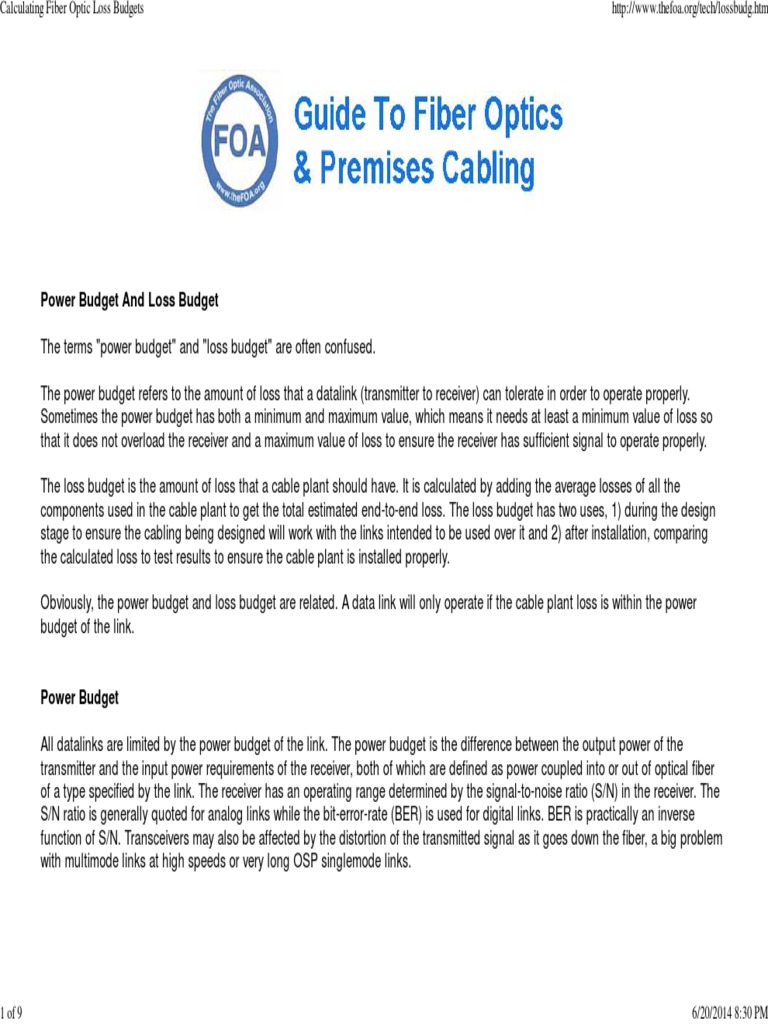 Calculating Fiber Optic Loss Budgets | PDF | Optical Fiber | Signal To ...
