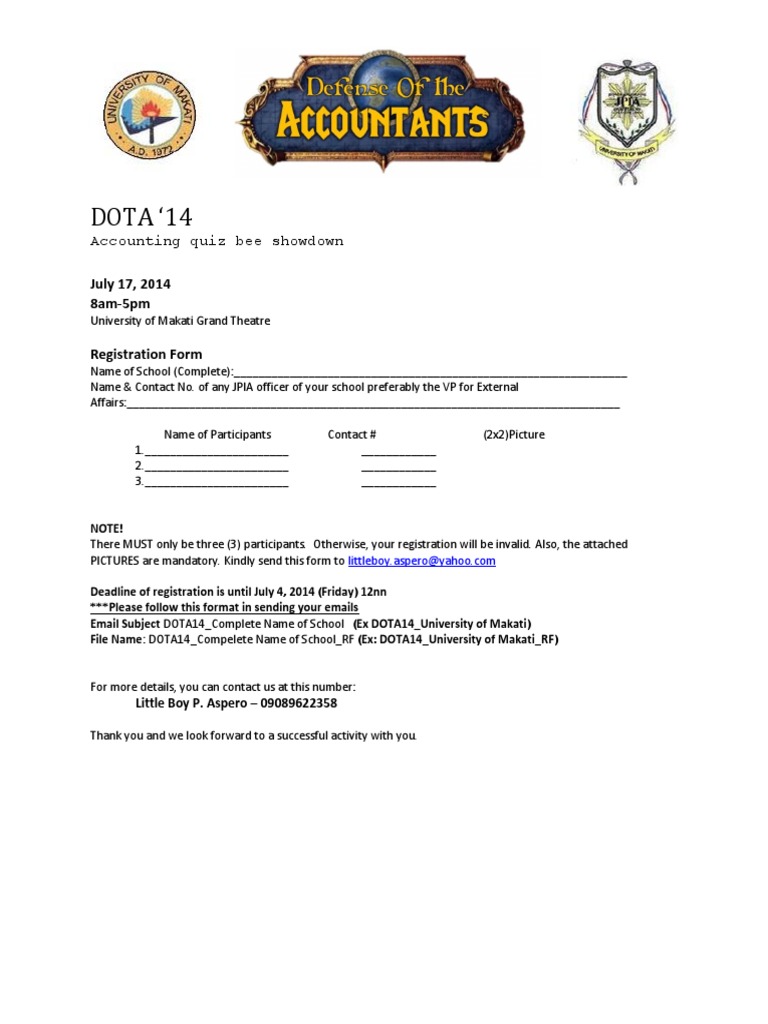 DOTA '14 Accounting Quiz Bee Registration | PDF