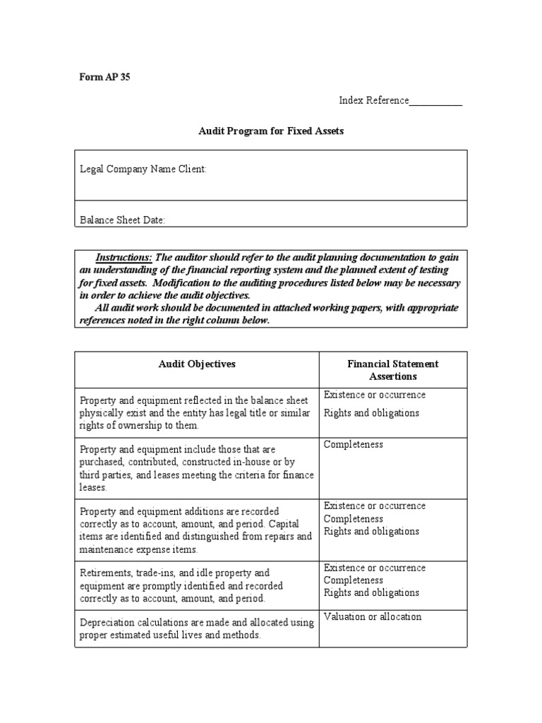 Audit Program For Fixed Assets: Form AP 35 | Download Free PDF ...