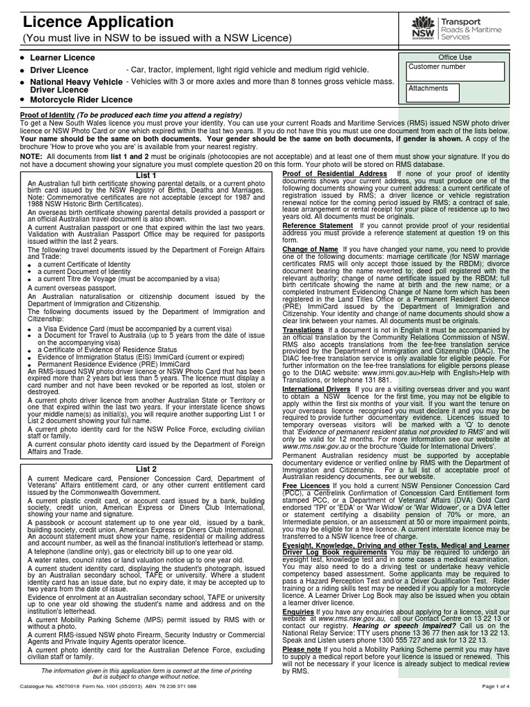 NSW Driving License Application Form | Driver's License | Identity ...