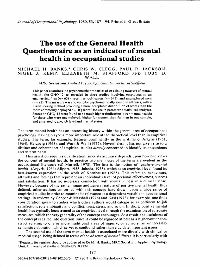 The Use Ofthe General Health Questionnaire As An Indicator of Mental ...