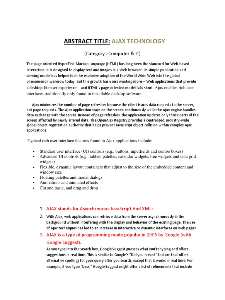 Abstract Title:: Ajax Technology | PDF | Ajax (Programming) | Java Script Abstract Title:: Ajax Technology | PDF | Ajax (Programming) | Java Script