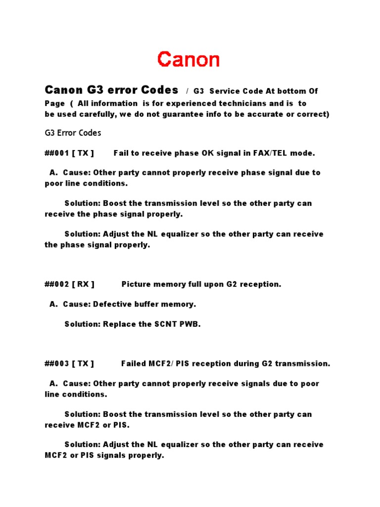 Canon G3 Error Codes | PDF | Modem | Telephone