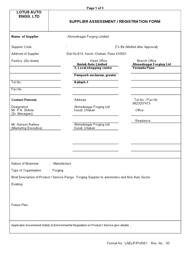 Supplier Registration Form for Forging | PDF