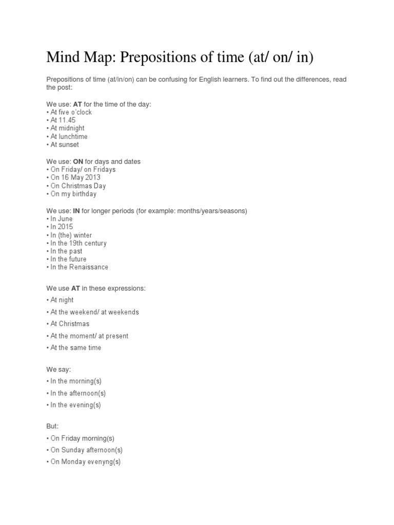 Mind Map: Prepositions of Time (At/ On/ In) | PDF | Perfect (Grammar ...
