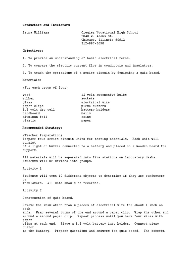 Conductors vs. Insulators Lesson Plan | PDF | Electrical Conductor ...
