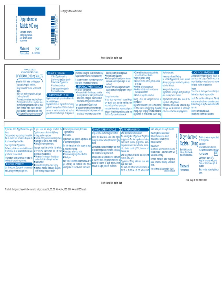 A Comprehensive Package Leaflet for Dipyridamole 100mg Tablets | PDF ...