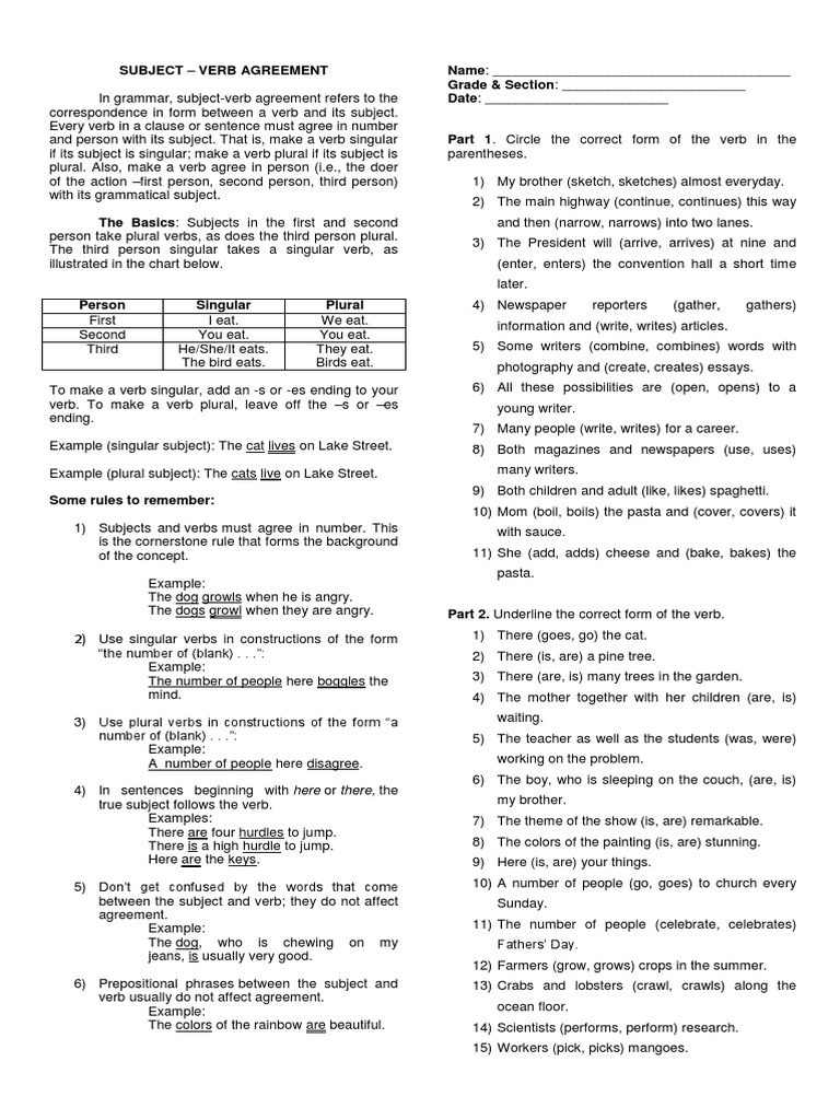 SVA Activity Sheet | PDF | Grammatical Number | Subject (Grammar)