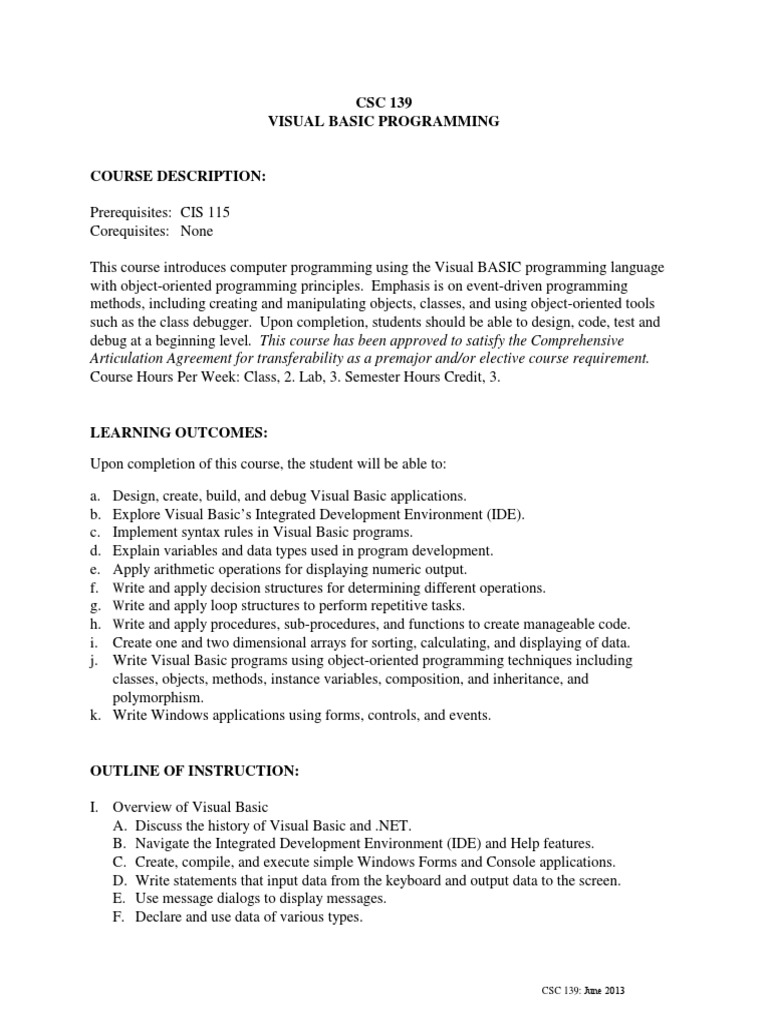 Visual Basic Training Outline Pdf Array Data Structure Basic