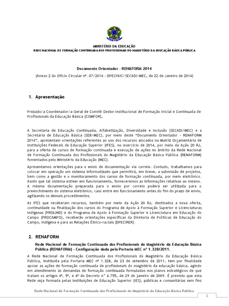 Documento Orientador - RENAFORM 2014 PDF | PDF | Pós-graduação | Ensino ...