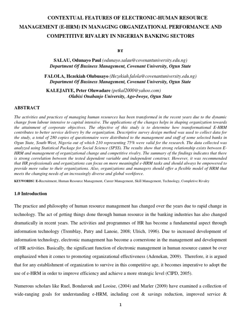 Contextual Features of Electronic-Human Resource Management (E-Hrm) in Managing Organizational ...