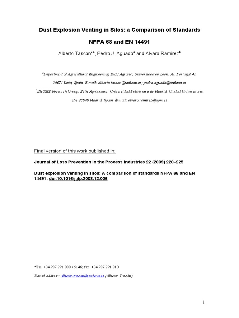 Dust Explosion Venting in Silos: A Comparison of Standards NFPA 68 and ...