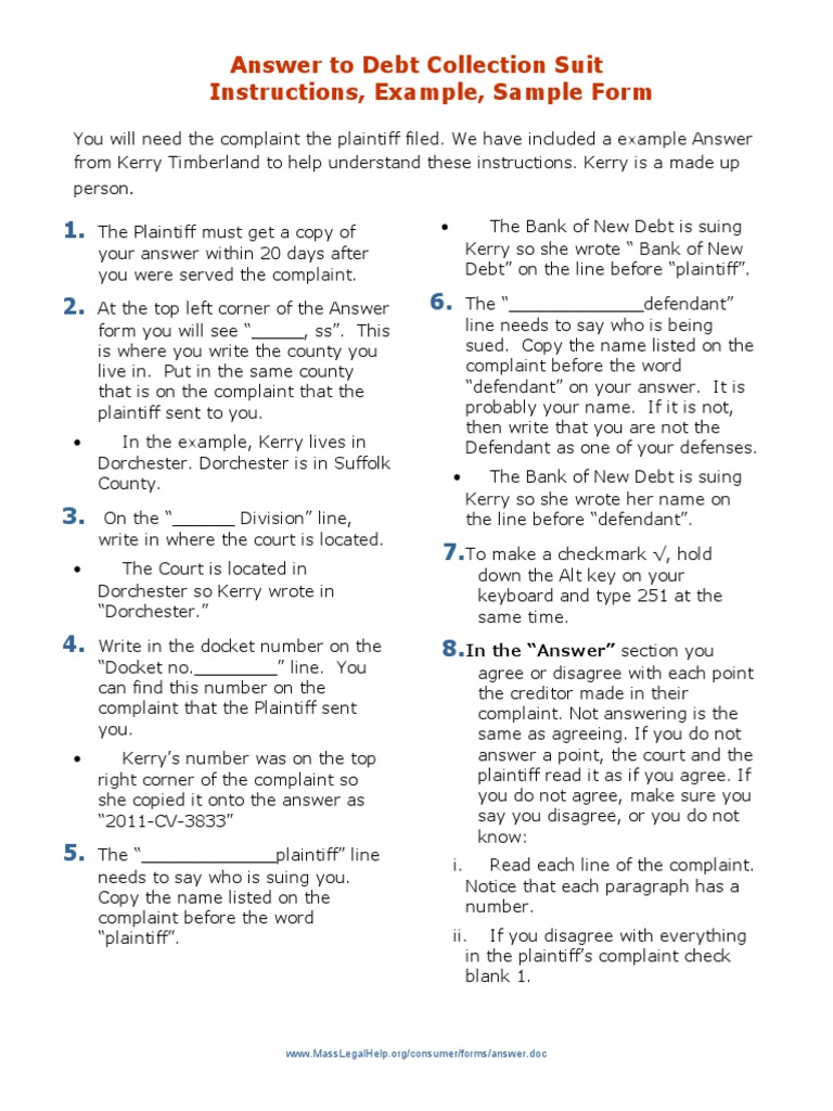 Sample Answer to Debt Collection Suit Providing Instructions, Examples and Affirmative Defenses ...