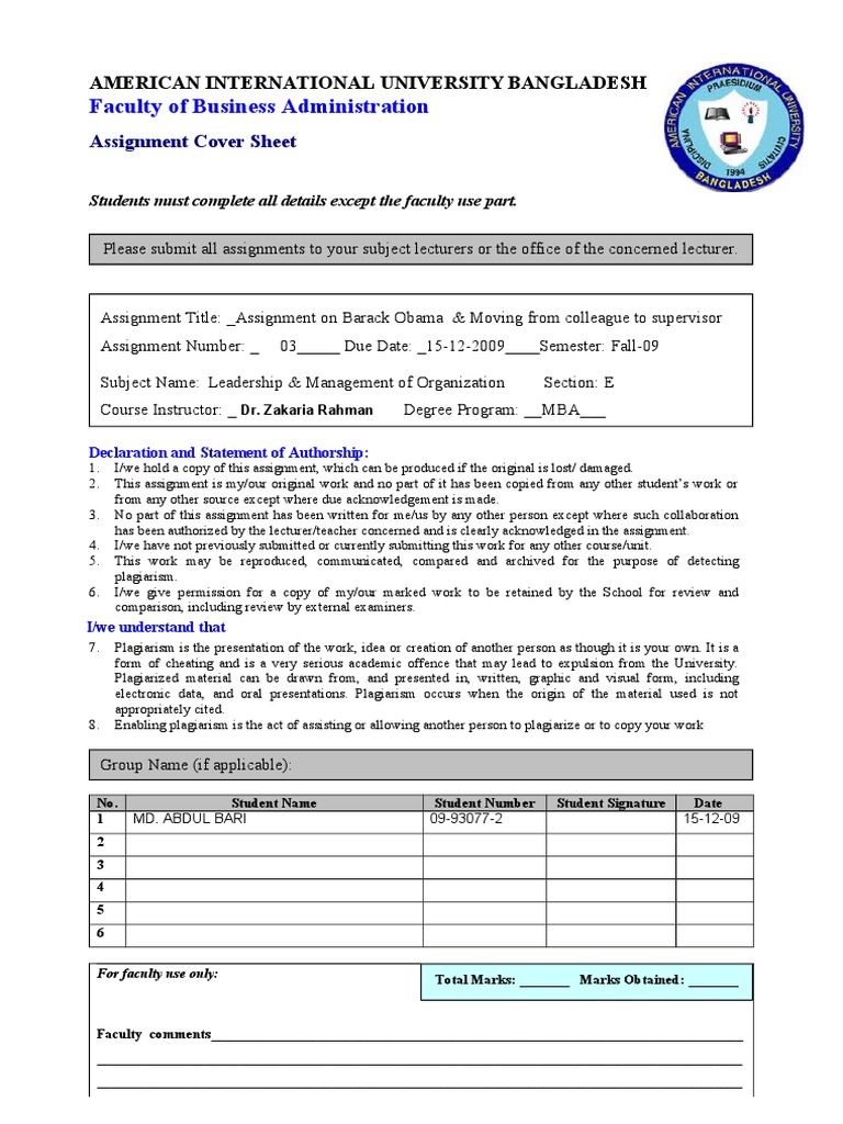 AIUB Assignment Cover Sheet | PDF | Academia | Intellectual Works