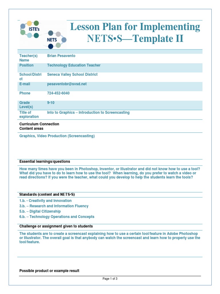 Lesson Plan For Implementing NETS - S-Template II: Curriculum ...