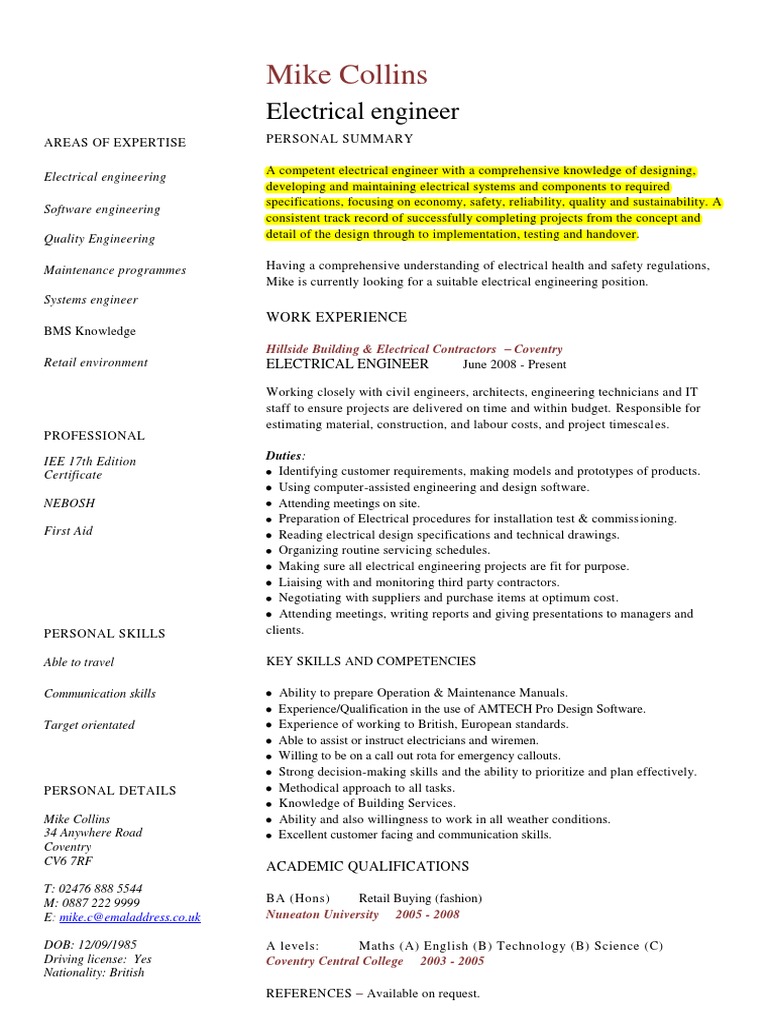 Electrical Engineer CV Template | PDF | Specification (Technical ...