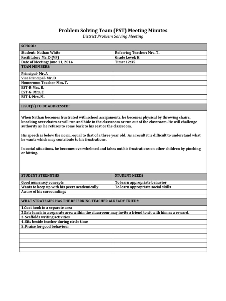 Asd-W Problem Solving Meeting Minutes Nathan | PDF | Behavior | Classroom