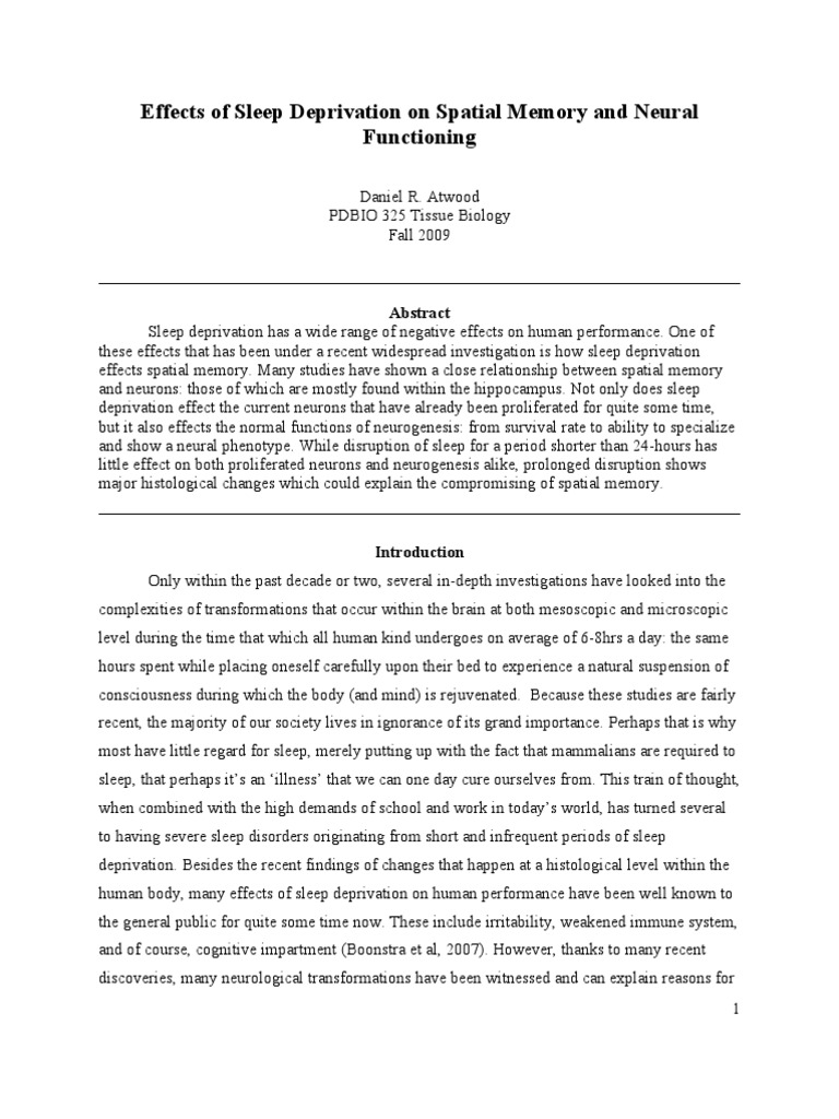 Effects of Sleep Deprivation On Spatial Memory and Neuron Functioning ...