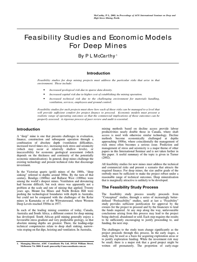 Feasibility Studies for Deep Mines | Mining | Feasibility Study