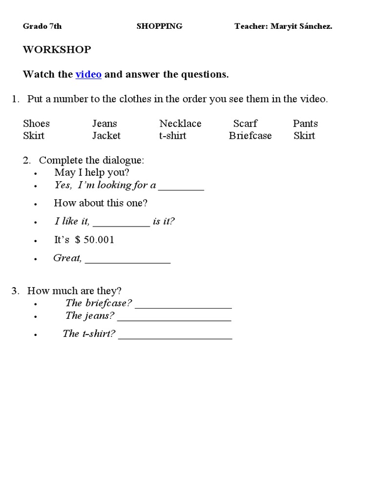 7th Grade Shopping Workshop Activities | PDF