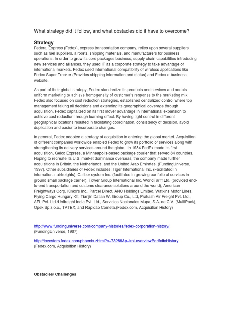 Fedex Strategy and Obstacles | PDF | Fed Ex | Strategic Management