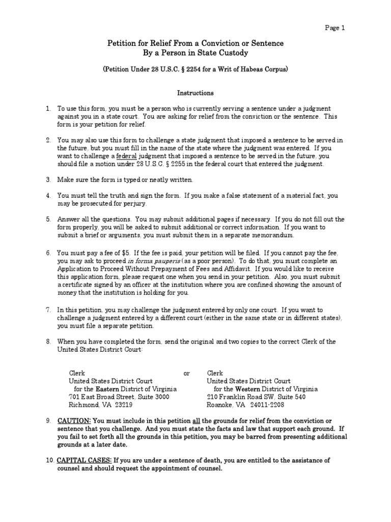 Federal Habeas Corpus Form - 2254 Custody | Separation Of Powers ...