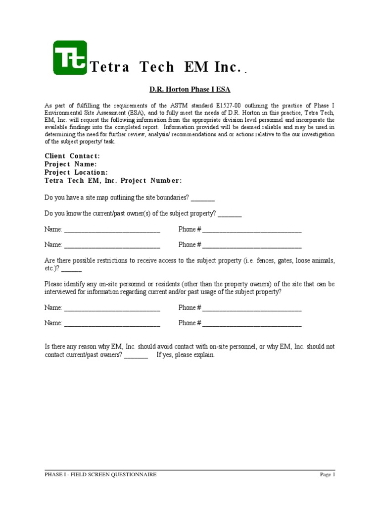 Phase I ESA Questionnaire | Industries | Waste