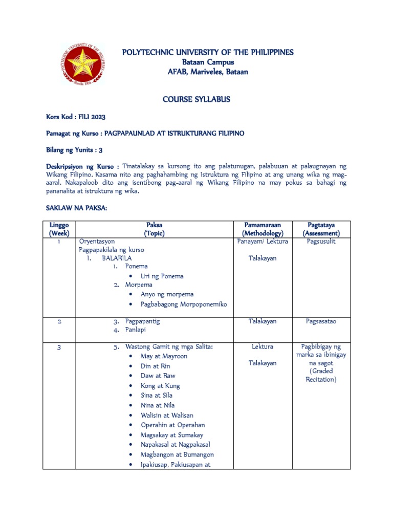 Filipino Course Syllabus | PDF