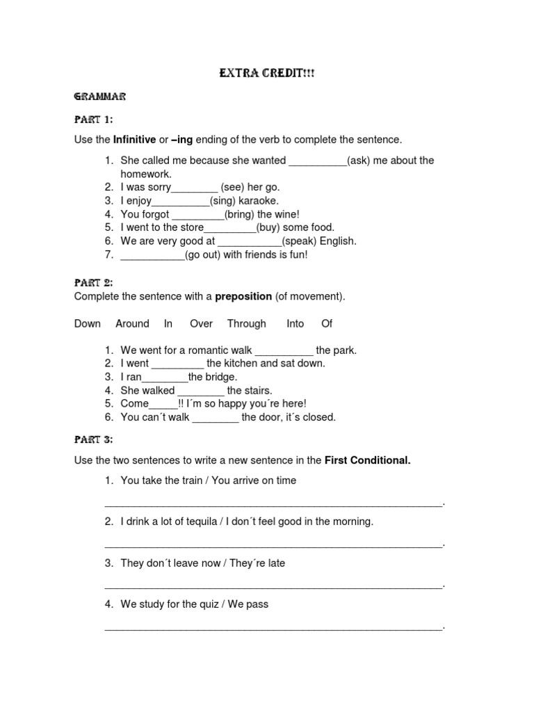 Extra Credit!!!: - Ing Ending of The Verb To Complete The Sentence ...