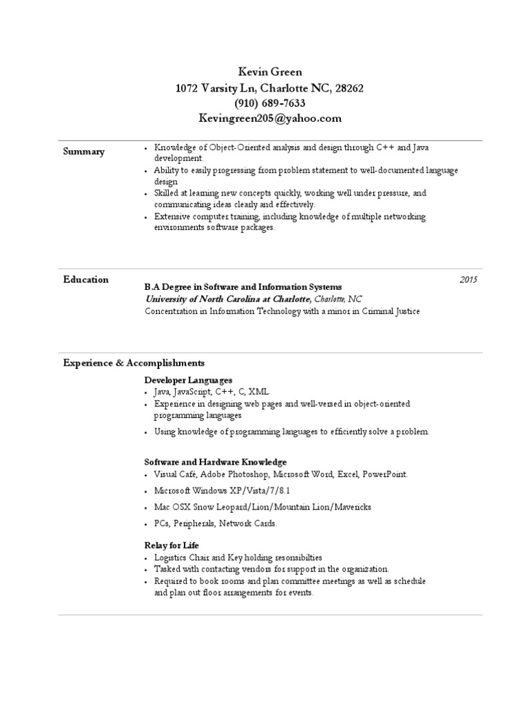 Kevin Green: Software Developer Resume | PDF