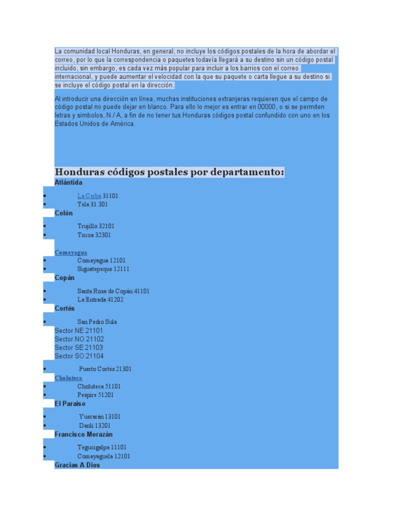 Honduras Códigos Postales Por Departamento | PDF | Sistema postal ...