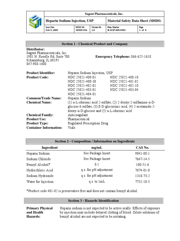 MSDS Heparin Sodium | PDF | Occupational Safety And Health | Safety