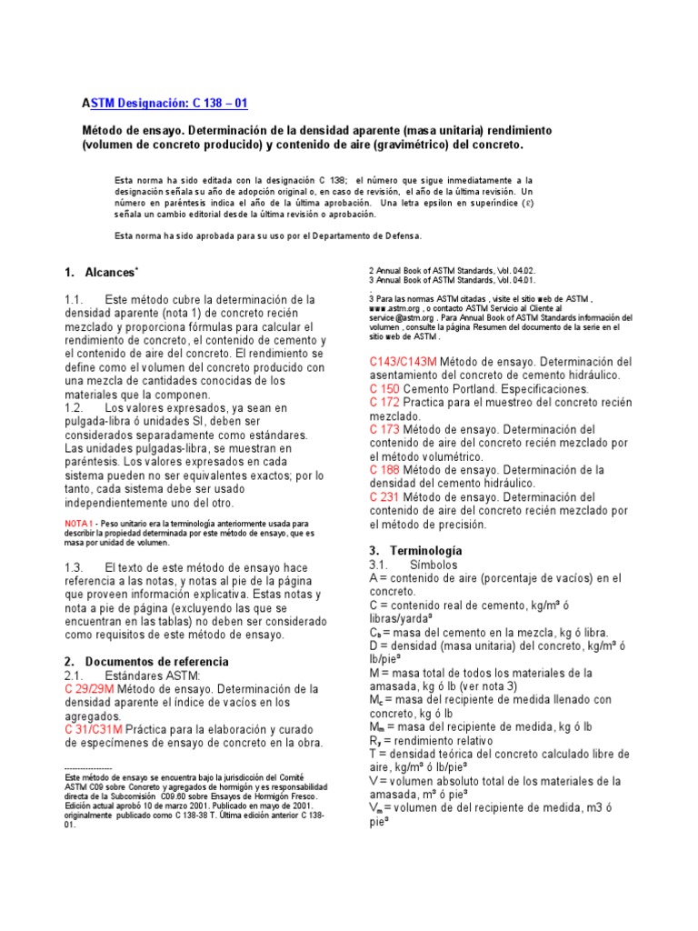Astm C 138 Peso Unitario Espaniol | PDF | Densidad | Hormigón