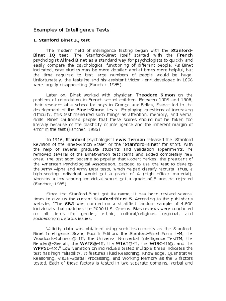 Examples of Intelligence Tests | PDF | Wechsler Adult Intelligence ...