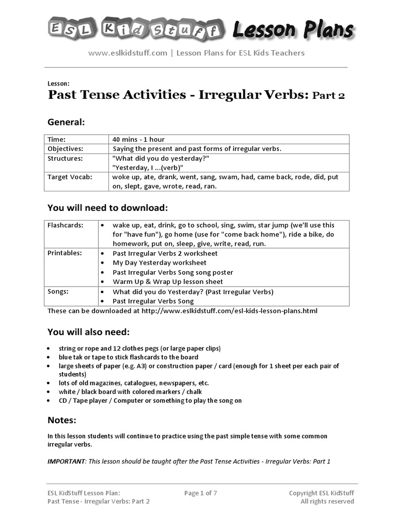 Past Tense Irregular Verbs Lesson Plan 02 | PDF | Lesson Plan | English ...