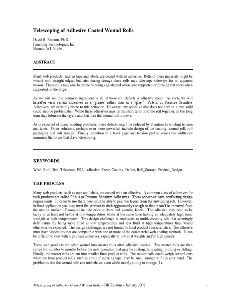 Telescoping of Adhesive Coated Wound Rolls | PDF | Viscosity | Shear Stress