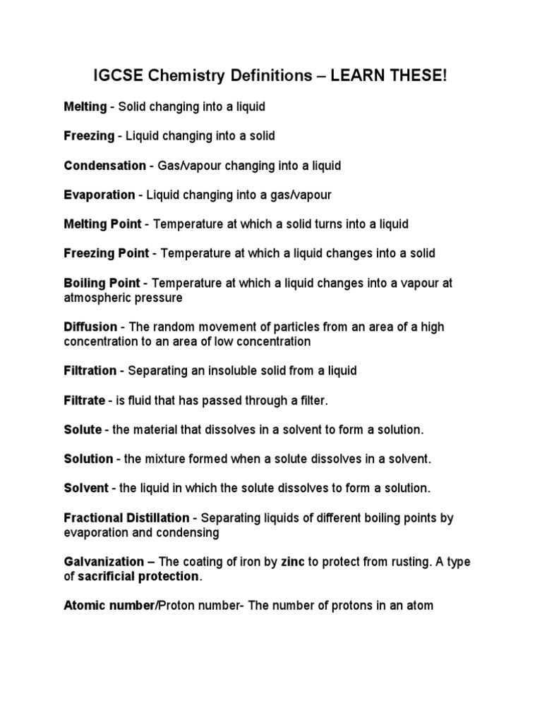 IGCSE Chemistry Definitions | PDF | Chemical Reactions | Liquids